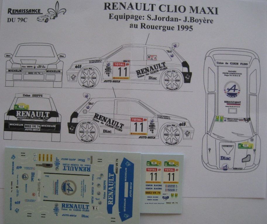 RENAULT CLIO MAXI n° 11 RALLYE DU ROUERGUE 1995 DECAL 1/43e RENAISSANCE