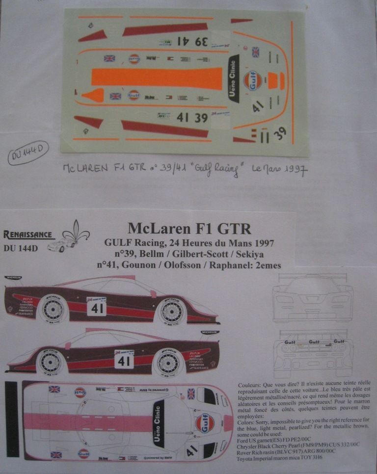 McLAREN F1 GTR n° 39 / 41 LE MANS 1997 DECAL 1/43e RENAISSANCE