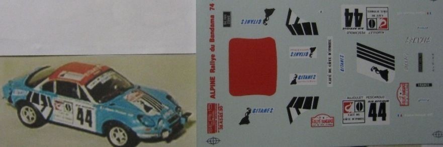 ALPINE RENAULT A110 n° 44 RALLYE DU BANDAMA 1974 H.PESCAROLO DECAL JPS