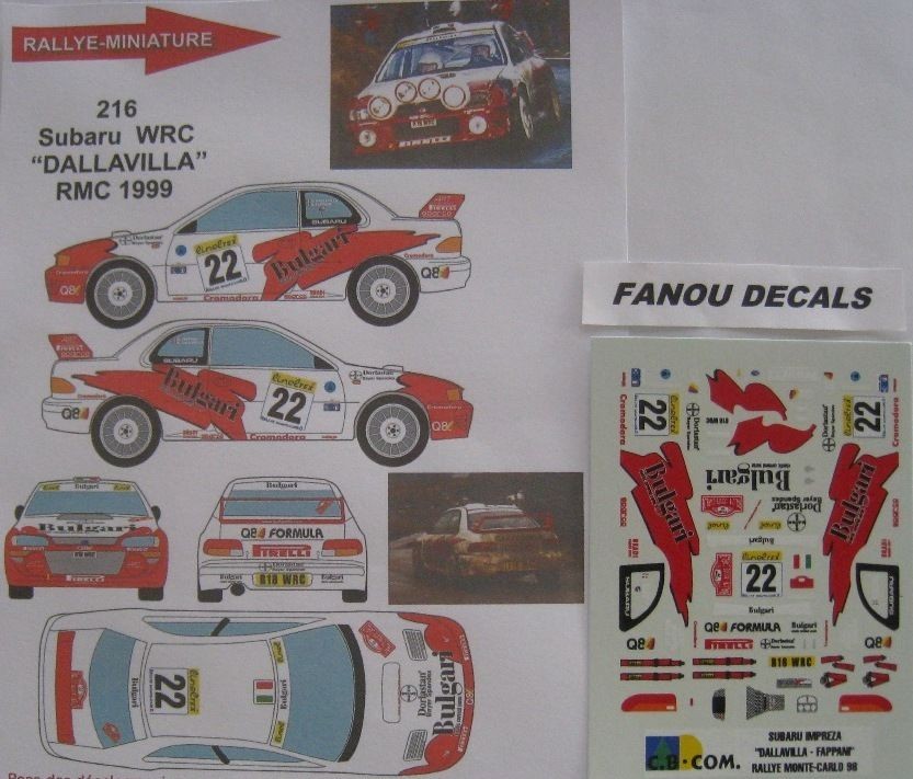 SUBARU IMPREZA WRC n° 22 RALLYE MONTE CARLO 1999 DECAL 1/43e