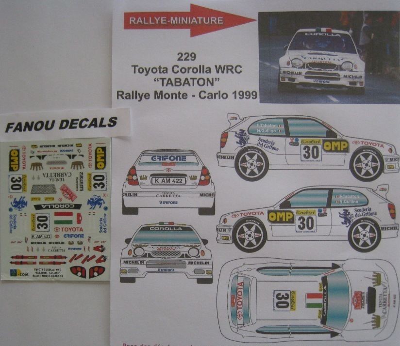 TOYOTA COROLLA WRC n° 30 RALLYE MONTE CARLO 1999 DECAL 1/43e