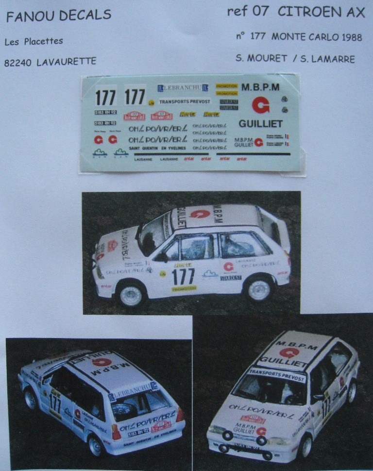 CITROEN AX SPORT n° 177 MONTE CARLO 1988 MOURET DECAL 1/43e FANOU