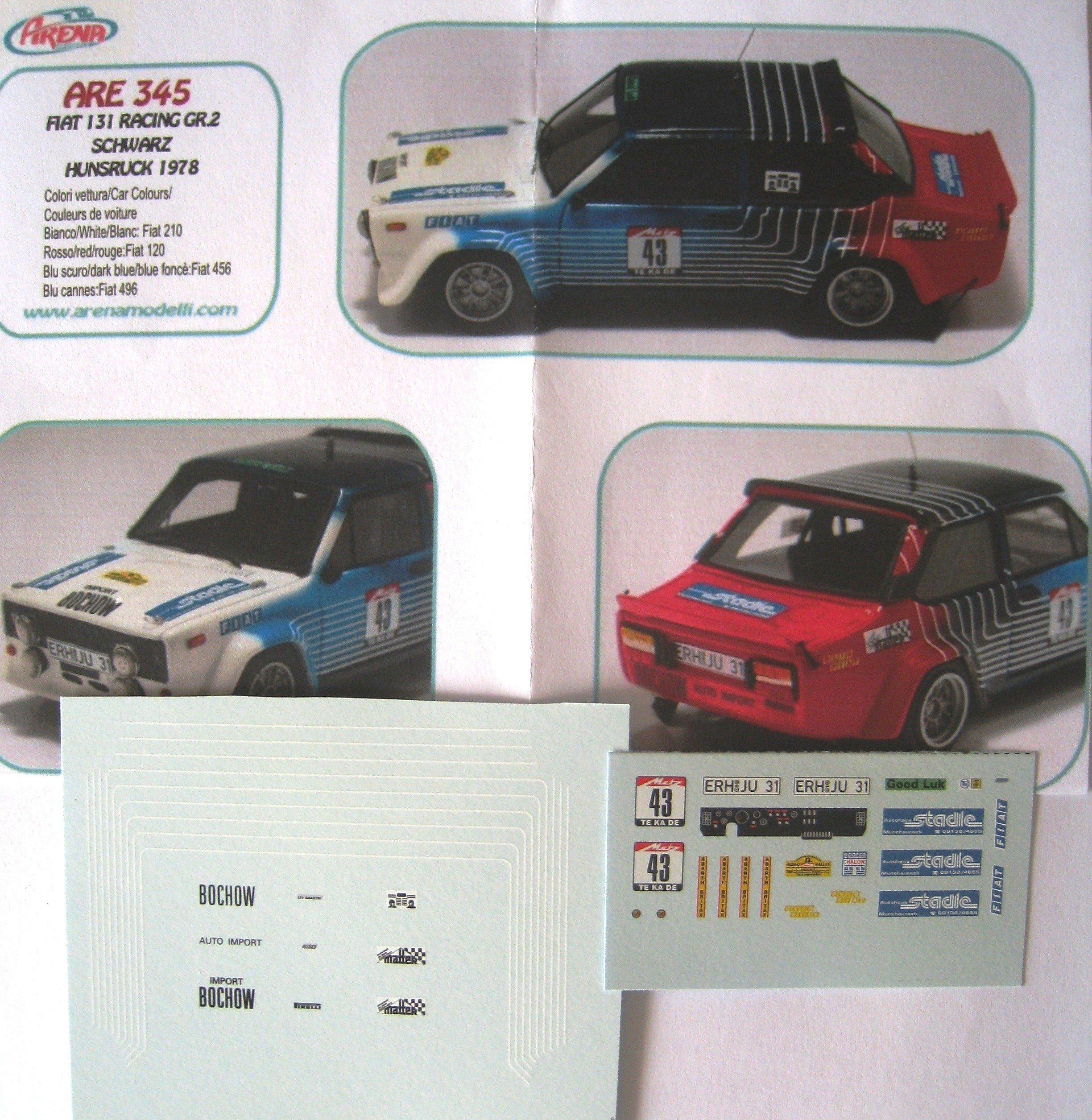 FIAT 131 ABARTH n° 43 HUNSRUCK RALLY 1978 SCHWARTZ DECAL 1/43e ARENA