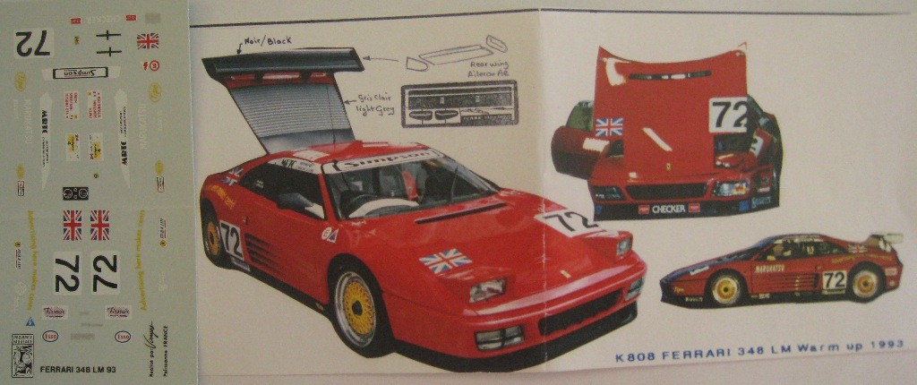 FERRARI 348 n° 72 ESSAIS LE MANS 1993 DECAL 1/43e PROV.MOULAGE
