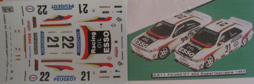 PEUGEOT 405 n° 21 / 22 SUPERTOURISME 1993 DECAL 1/43e PROV.MOULAGE