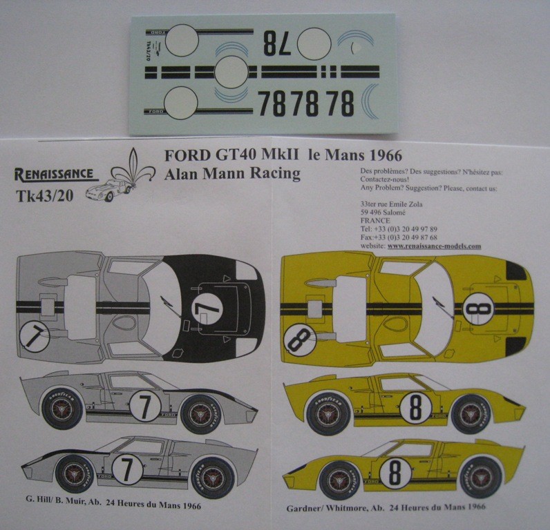 FORD GT 40 MKII n° 7 / 8 LE MANS 1966 DECAL 1/43e RENAISSANCE