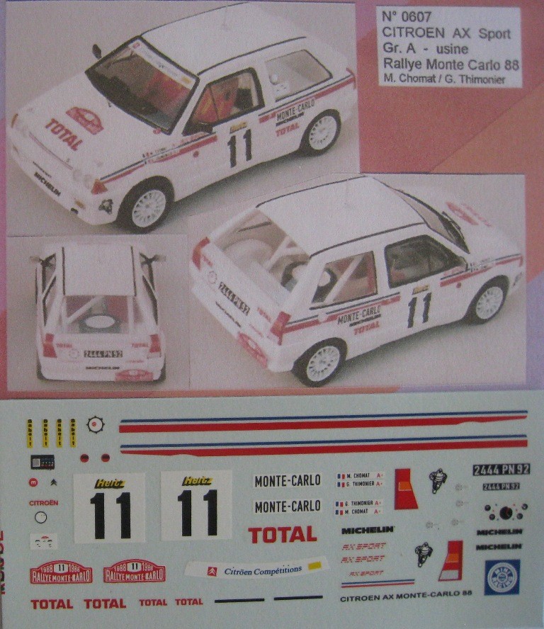 CITROEN AX SPORT n° 11 RALLYE DE MONTE CARLO 1988 DECAL 1/43e MINI RACING