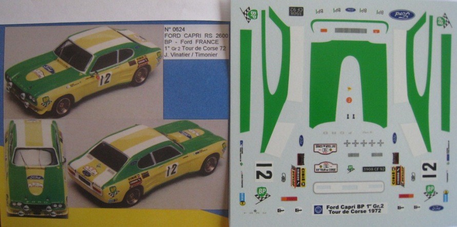 FORD CAPRI RS 2600 n° 12 BP TOUR AUTO 1972 DECAL 1/43e MINI RACING