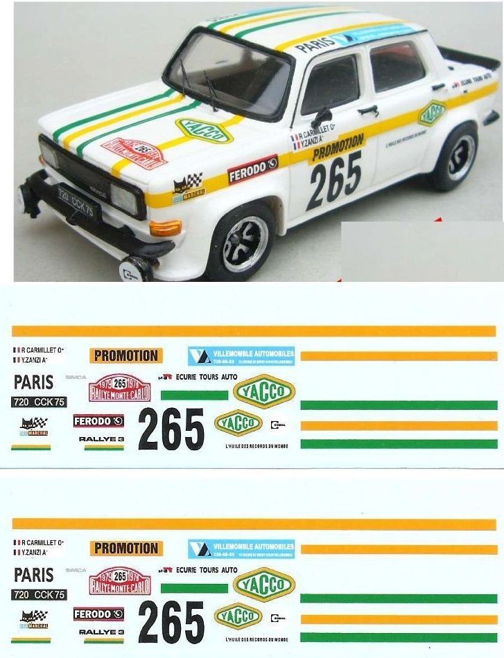 SIMCA 1000 RALLYE 3 n° 265 YACCO RALLYE MONTE CARLO 1979 DECAL 1/43e ...