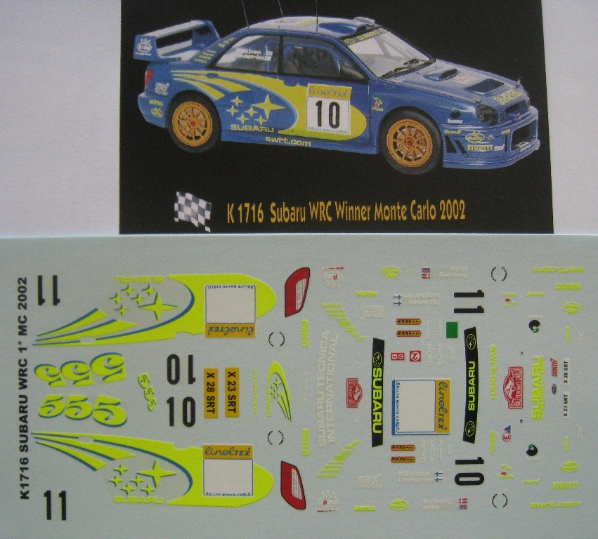 SUBARU IMPREZA WRC n° 10 MONTE CARLO 2002 DECAL 1/43e PROV.MOULAGE