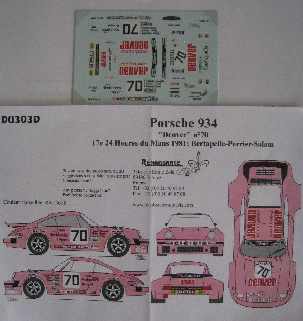 PORSCHE 934 n° 70 DENVER LE MANS 1981 DECAL 1/43e RENAISSANCE