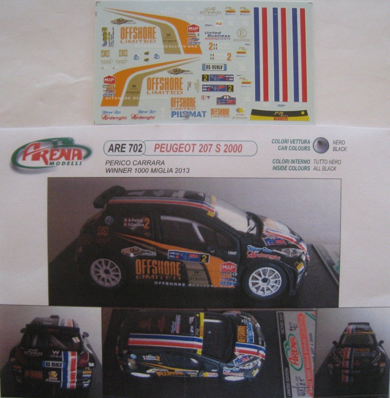PEUGEOT 207 S2000 n° 2 1er RALLYE MILLE MIGLIA 2013 DECAL 1/43E ARENA