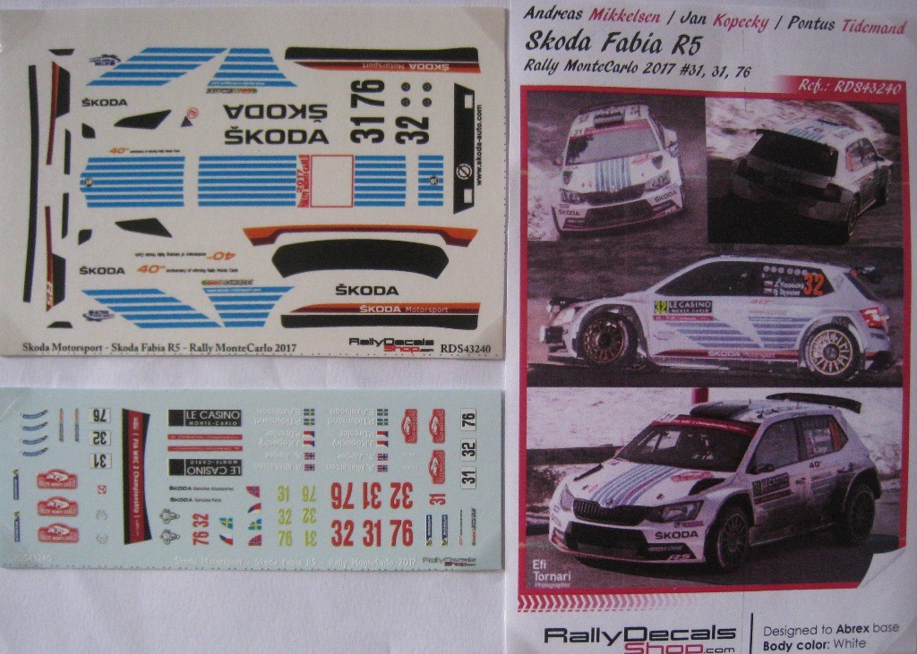 SKODA FABIA R5 n° 31 / 32 / 76 RALLYE DE MONTE CARLO 2017 DECAL 1/43e