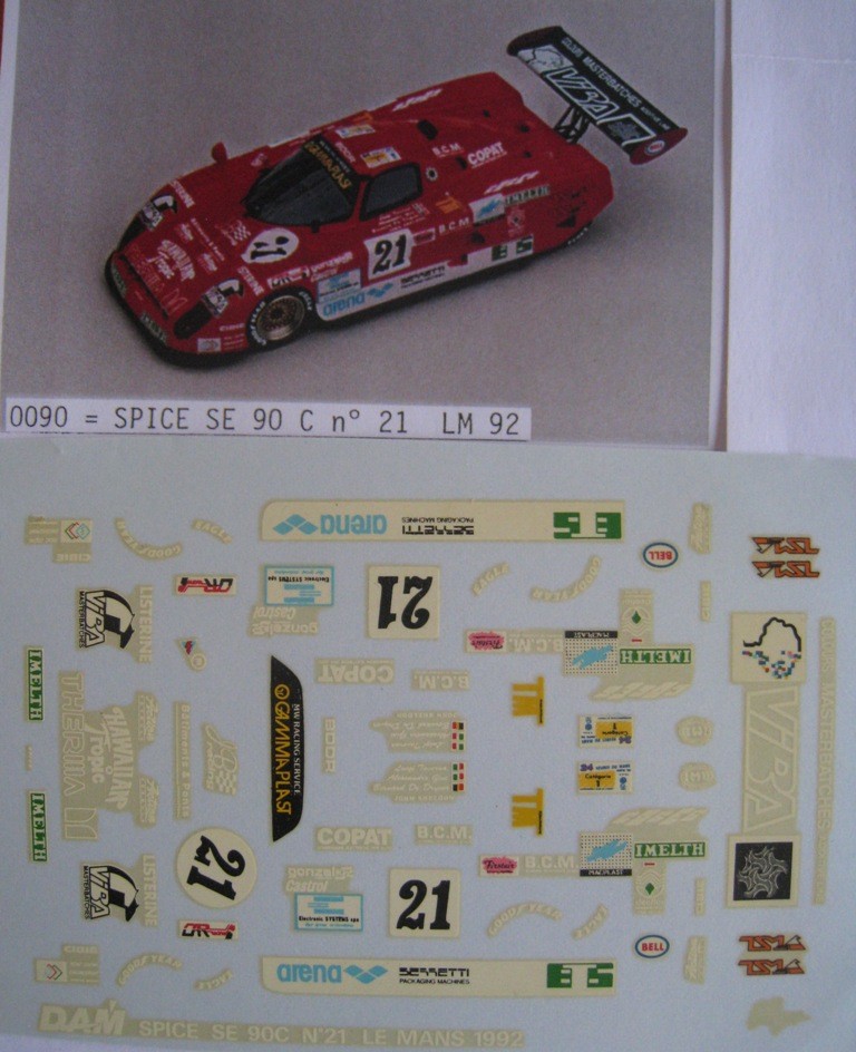 SPICE SE 90C n° 21 LE MANS 1992 DECAL 1/43e