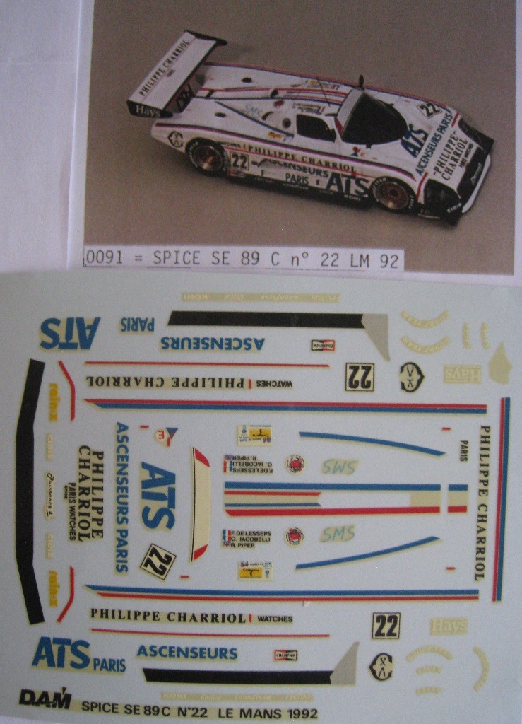 SPICE SE 89C n° 22 LE MANS 1992 DECAL 1/43e