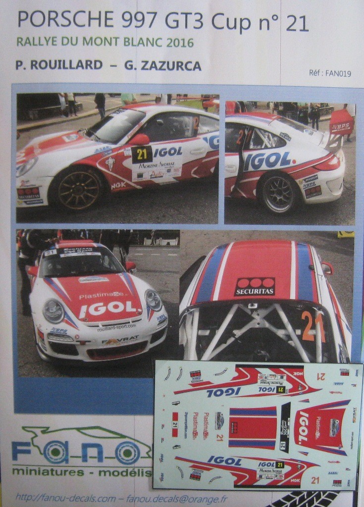 PORSCHE 997 GT3 n° 21 RALLYE DU MONT BLANC 2016 ROUILLARD DECAL 1/43e