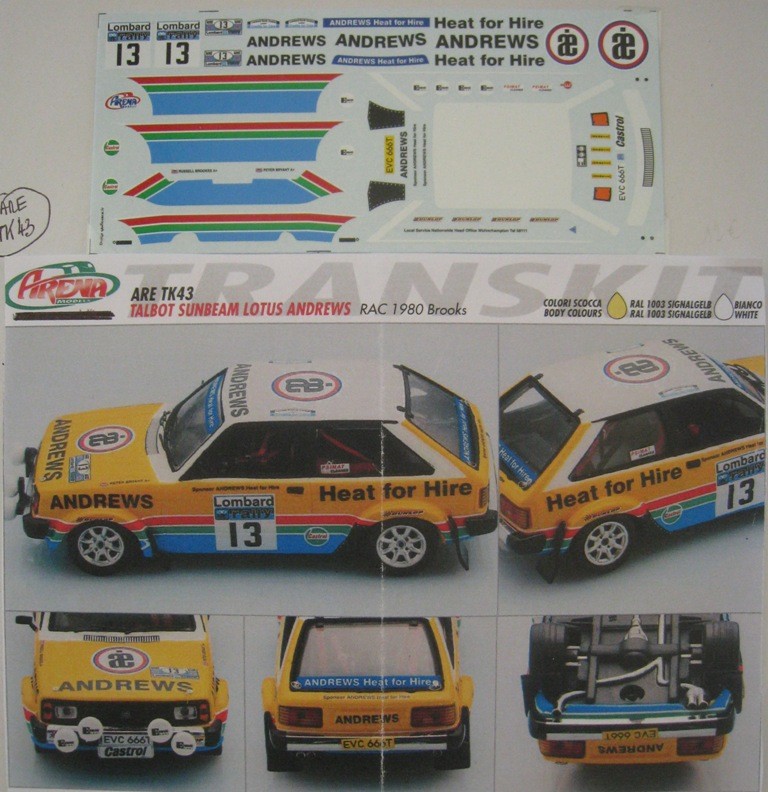 TALBOT SUNBEAM LOTUS n° 13 ANDREWS RAC RALLYE 1980 BROOKS DECAL 1/43e