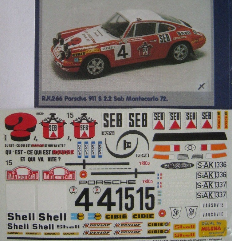 PORSCHE 911 S n° 4 / 15 SEB RALLYE MONTE CARLO 1972 DECAL 1/43e