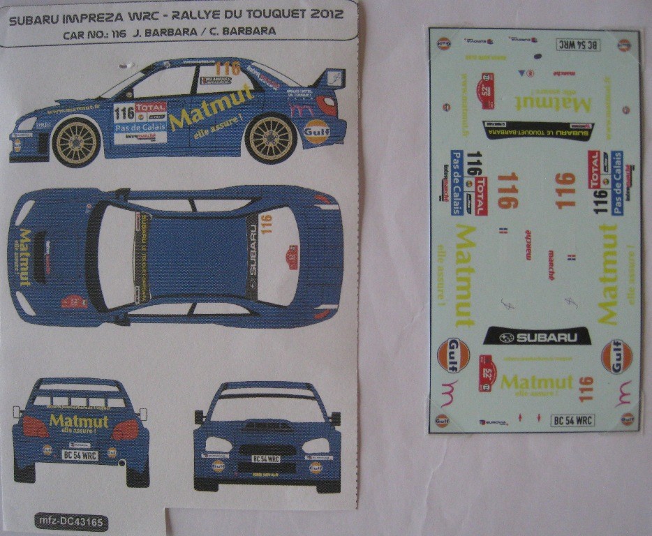 SUBARU IMPREZA WRC n° 116 RALLYE DU TOUQUET 2012 BARBARA DECAL 1/43e