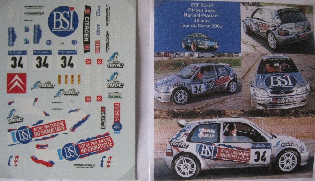 CITROEN SAXO n° 34 BSI TOUR DE CORSE 2001 MARIANI DECAL 1/43e