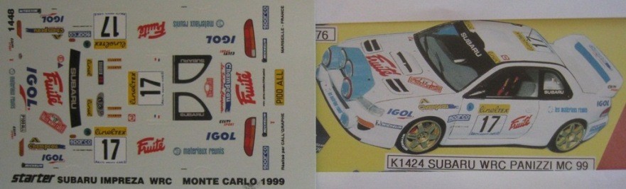 SUBARU IMPREZA WRC n° 17 FRUITE RALLYE DE MONTE CARLO 1999 DECAL 1/43e