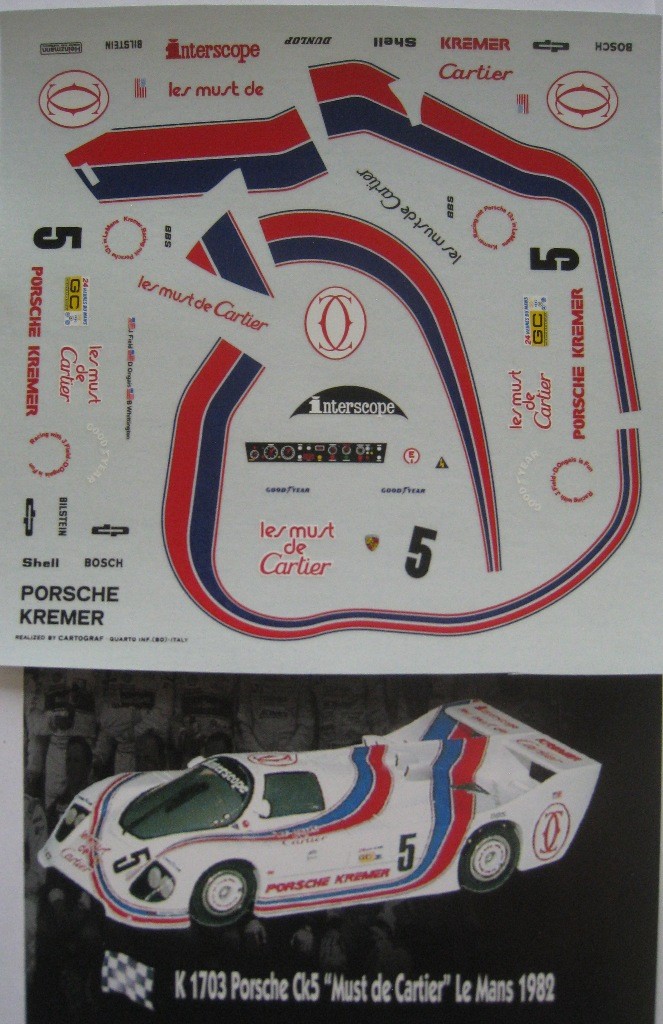 PORSCHE CK5 n° 5 MUST DE CARTIER LE MANS 1982 DECAL 1/43e