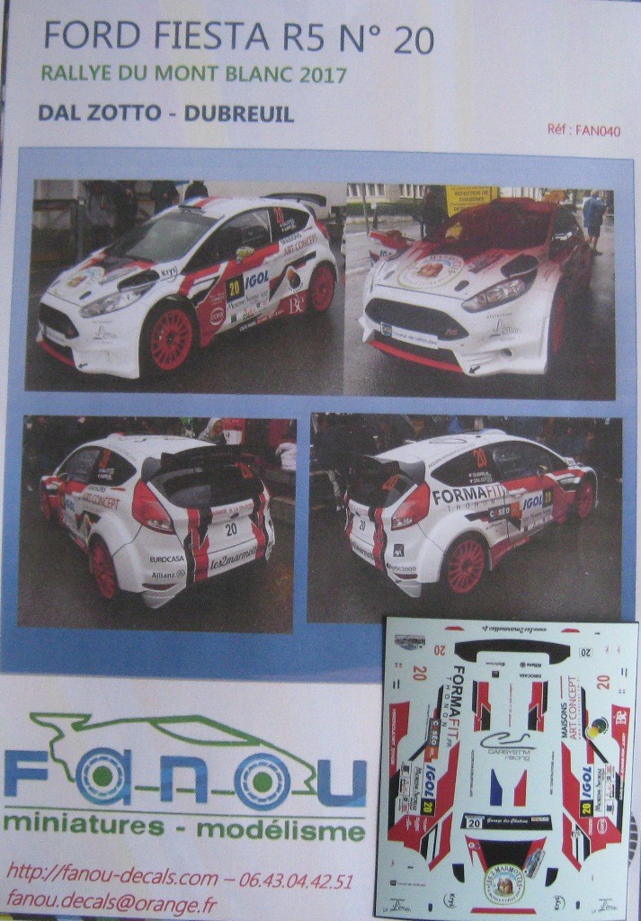FORD FIESTA R5 n° 20 RALLYE DU MONT BLANC 2017 DAL ZOTTO DECAL 1/43e