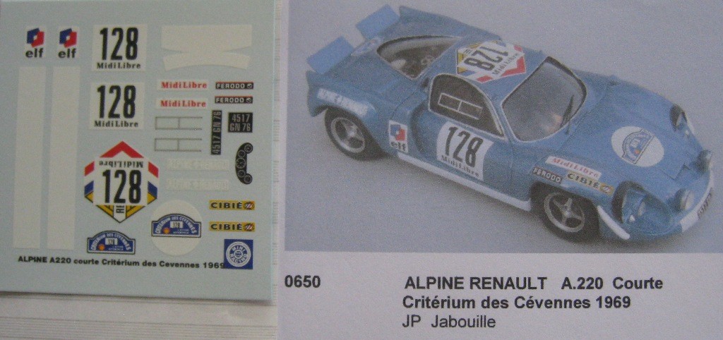 ALPINE RENAULT A220 n° 128 CRITERIUM DES CEVENNES 1969 JABOUILLE DECAL ...