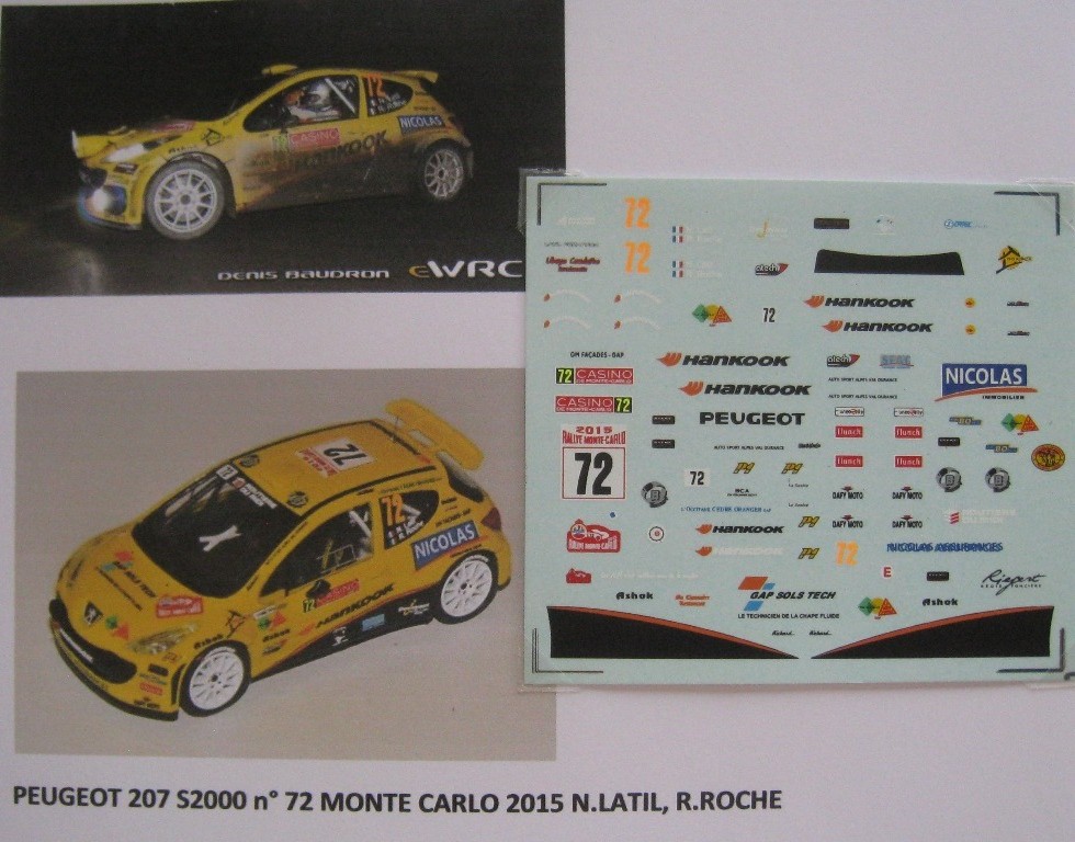 PEUGEOT 207 S2000 n° 72 MONTE CARLO 2015 LATIL DECAL 1/43e