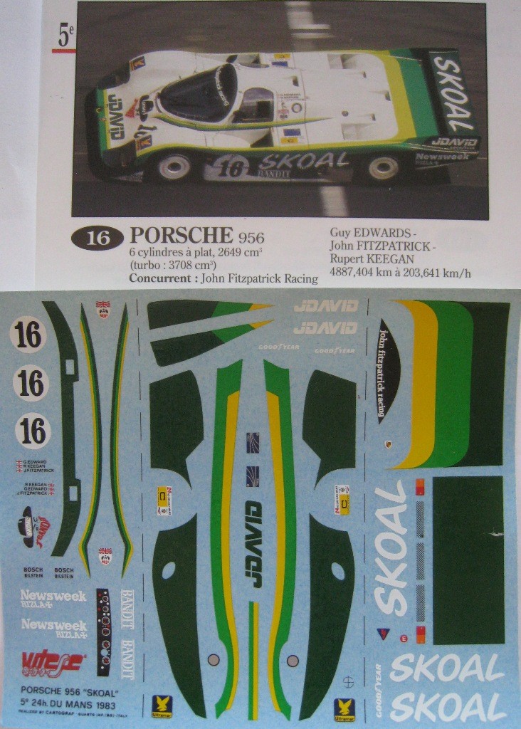 PORSCHE 956 n° 16 SKOAL BANDIT LE MANS 1983 DECAL 1/43e
