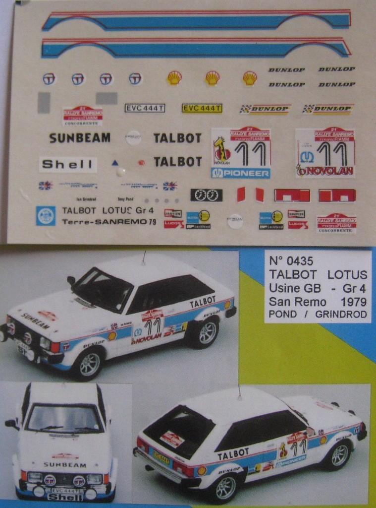 TALBOT LOTUS N° 11 RALLYE DE SAN REMO 1979 DECAL 1/43e MINI RACING