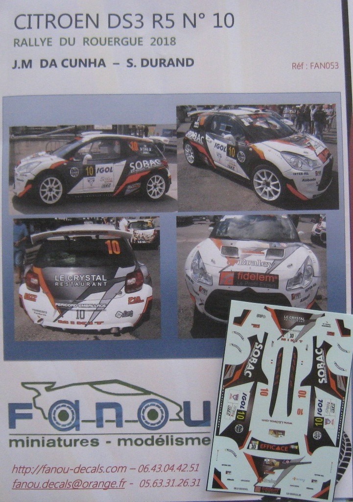 CITROEN DS3 R5 n° 10 RALLYE DU ROUERGUE 2018 J.M DA CUNHA DECAL 1/43e