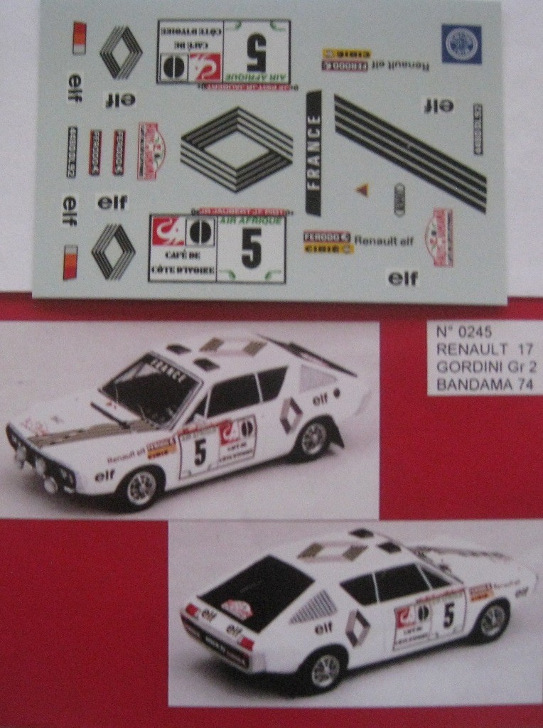RENAULT 17 GORDINI n° 5 RALLYE DU BANDAMA 1974 DECAL 1/43e