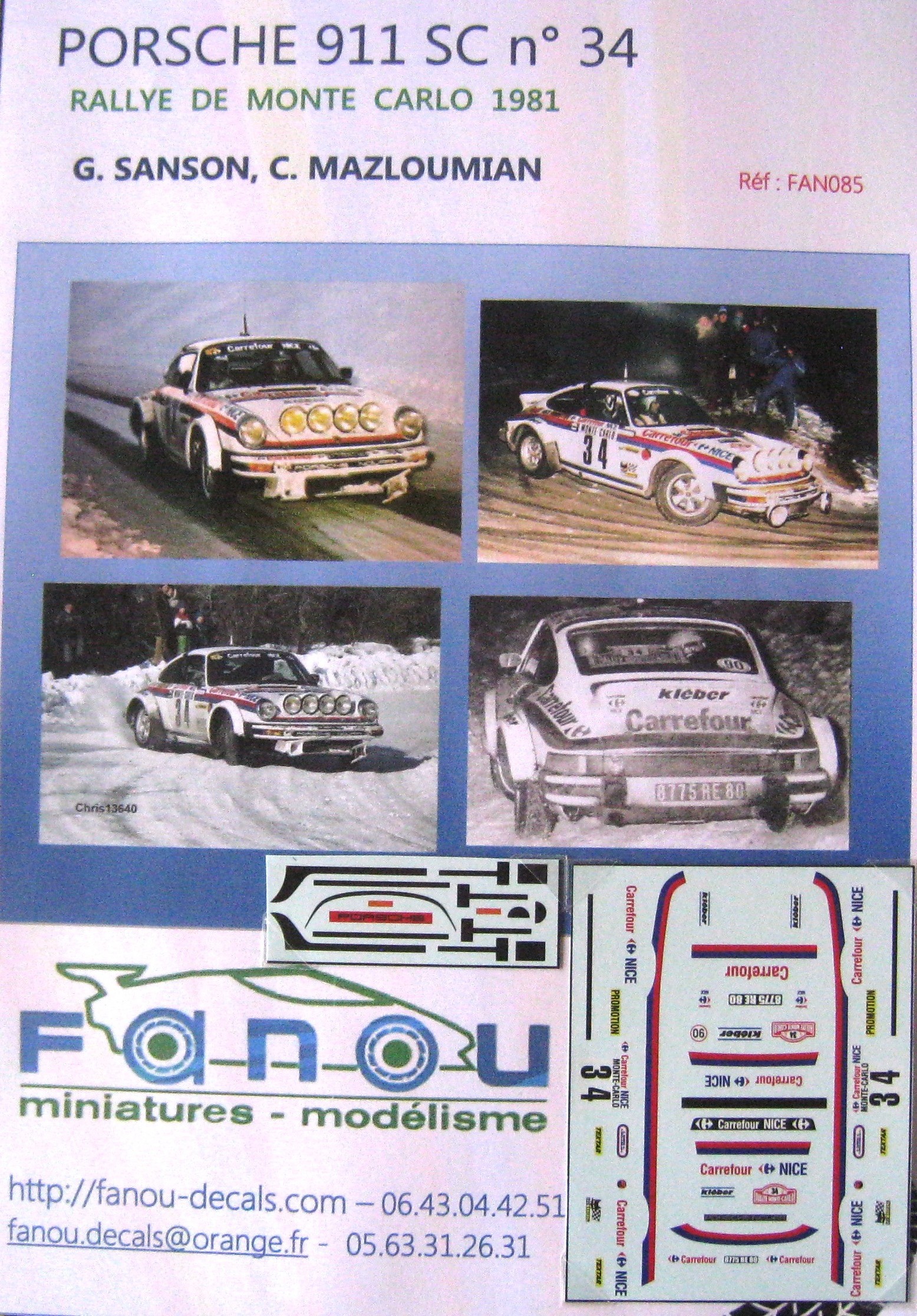 PORSCHE 911 SC n° 34 RALLYE DE MONTE CARLO 1981 G.SANSON DECAL 1/43e