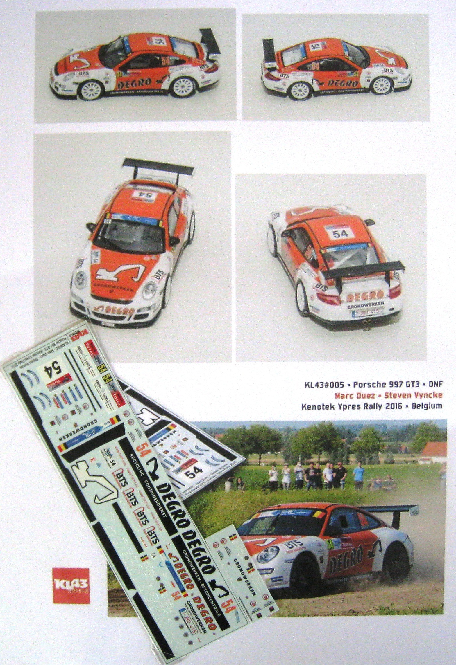 PORSCHE 997 GT3 n° 54 YPRES 2016 M.DUEZ DECAL 1/43e