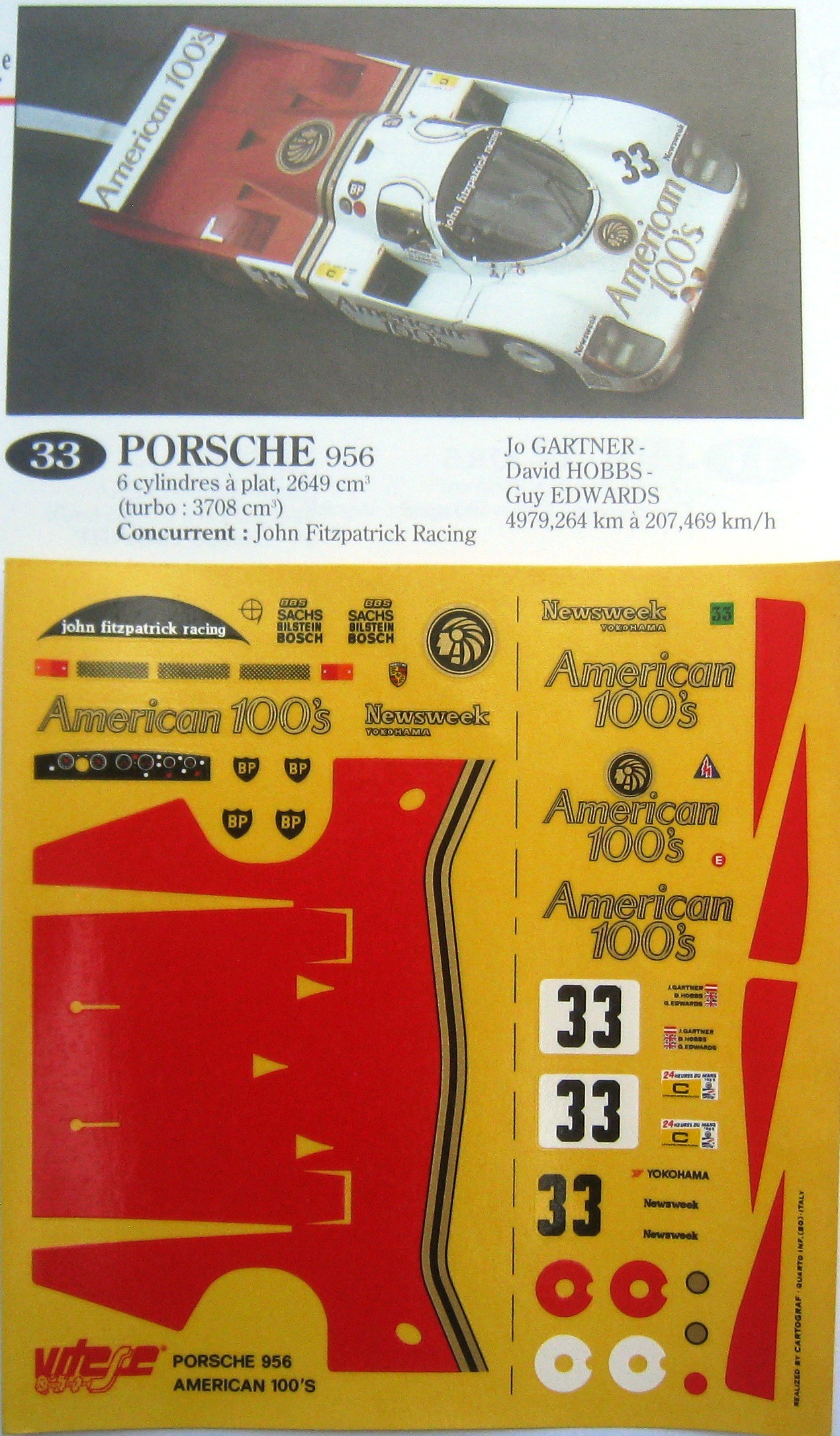 PORSCHE 956 n° 33 AMERICAN 100'S LE MANS 1985 DECAL 1/43e
