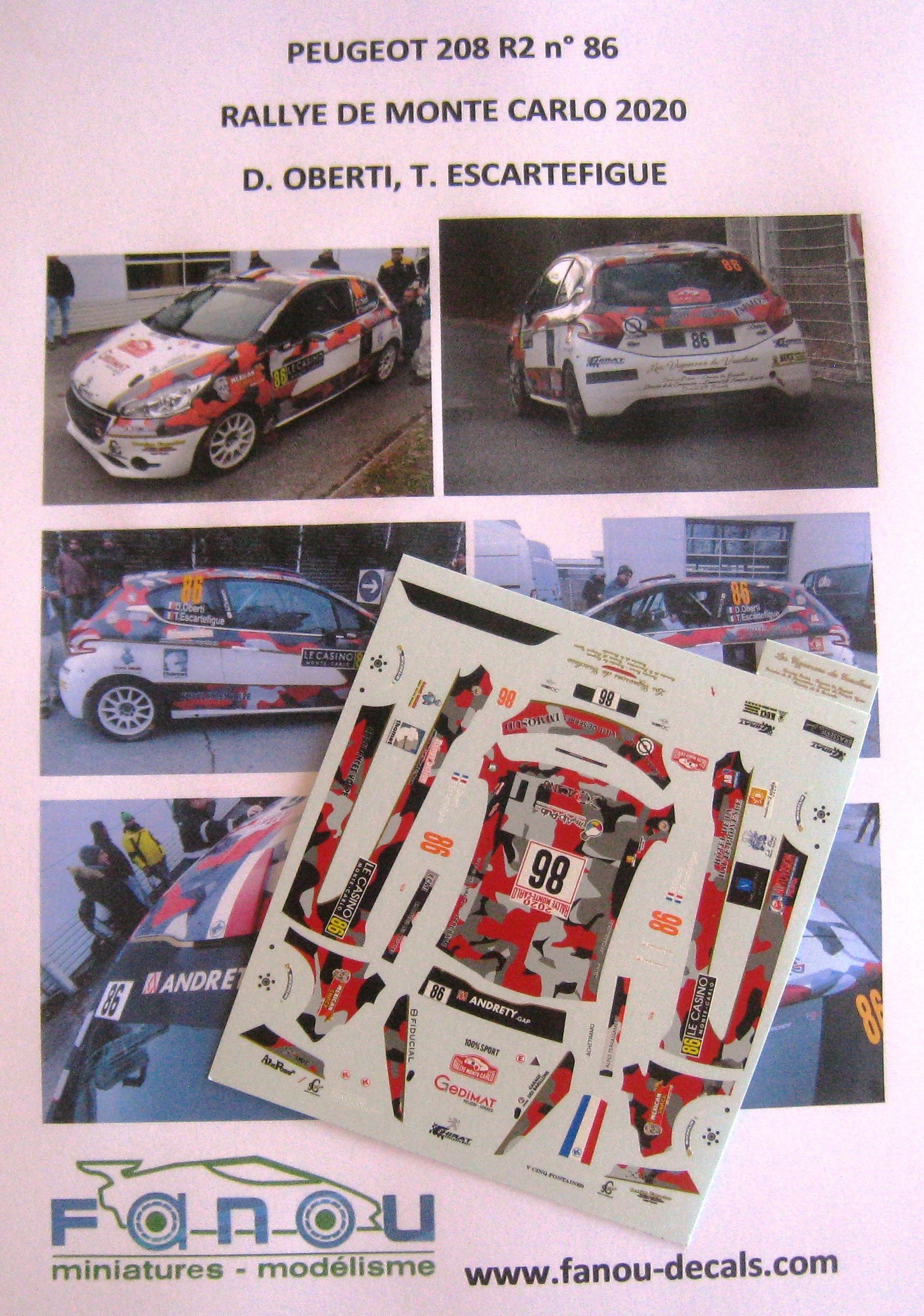 PEUGEOT 208 R2 n° 86 RALLYE DE MONTE CARLO 2020 D.OBERTI DECAL 1/43e