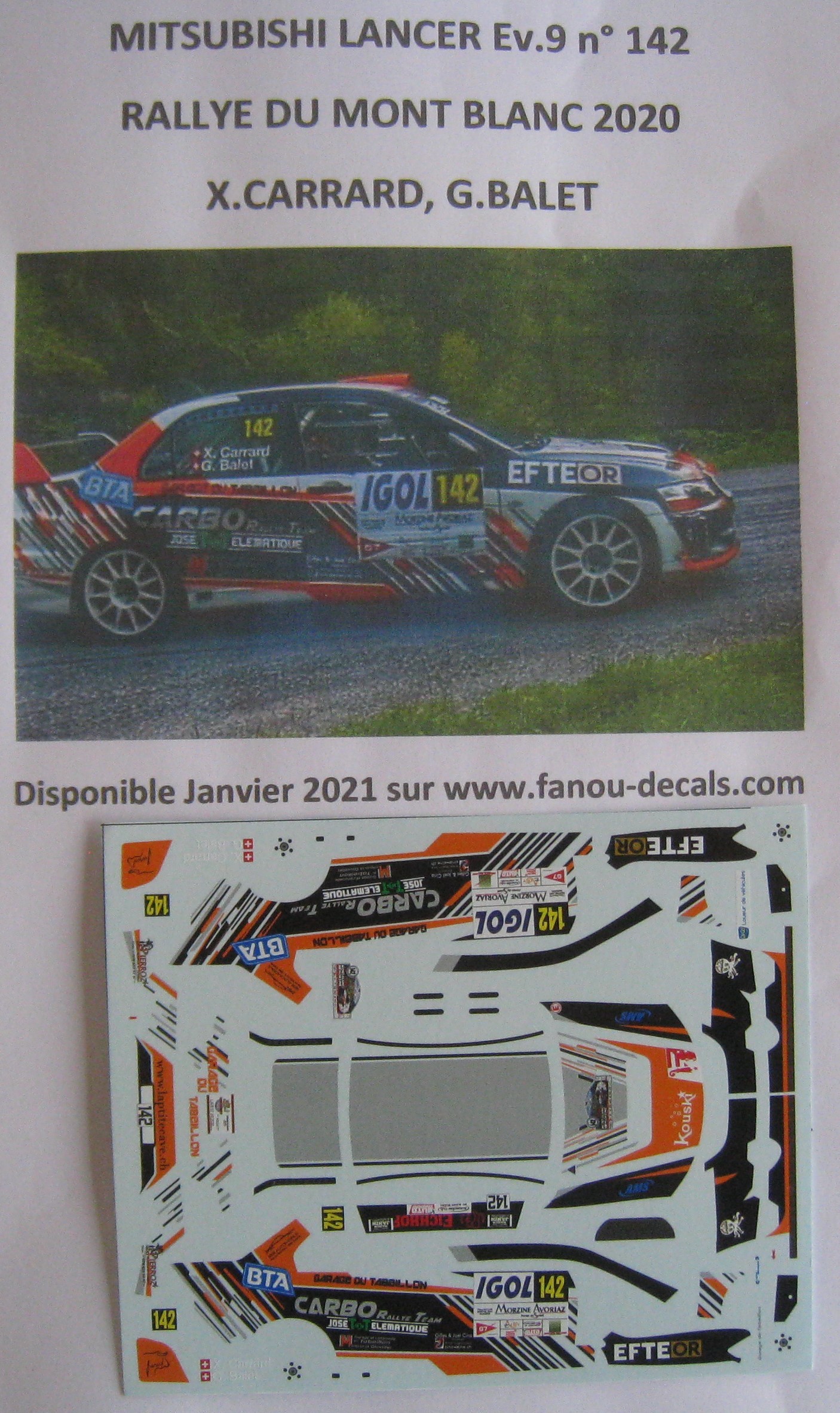 MITSUBISHI LANCER EV9 n° 142 RALLYE DU MONT BLANC 2020 DECAL 1/43e