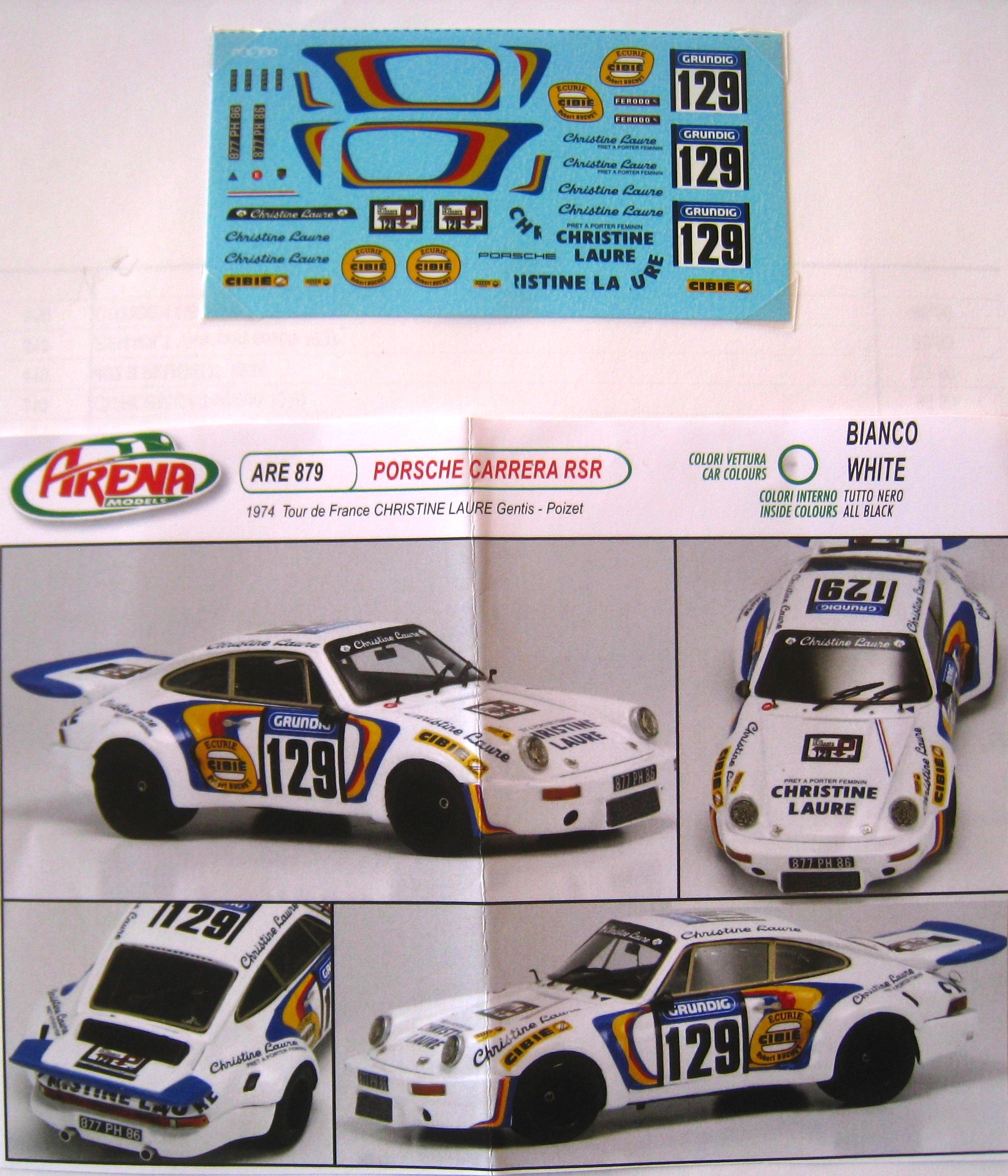 PORSCHE CARRERA RSR n° 129 CHRISTINE LAURE TOUR AUTO 1974 DECAL 1/43e