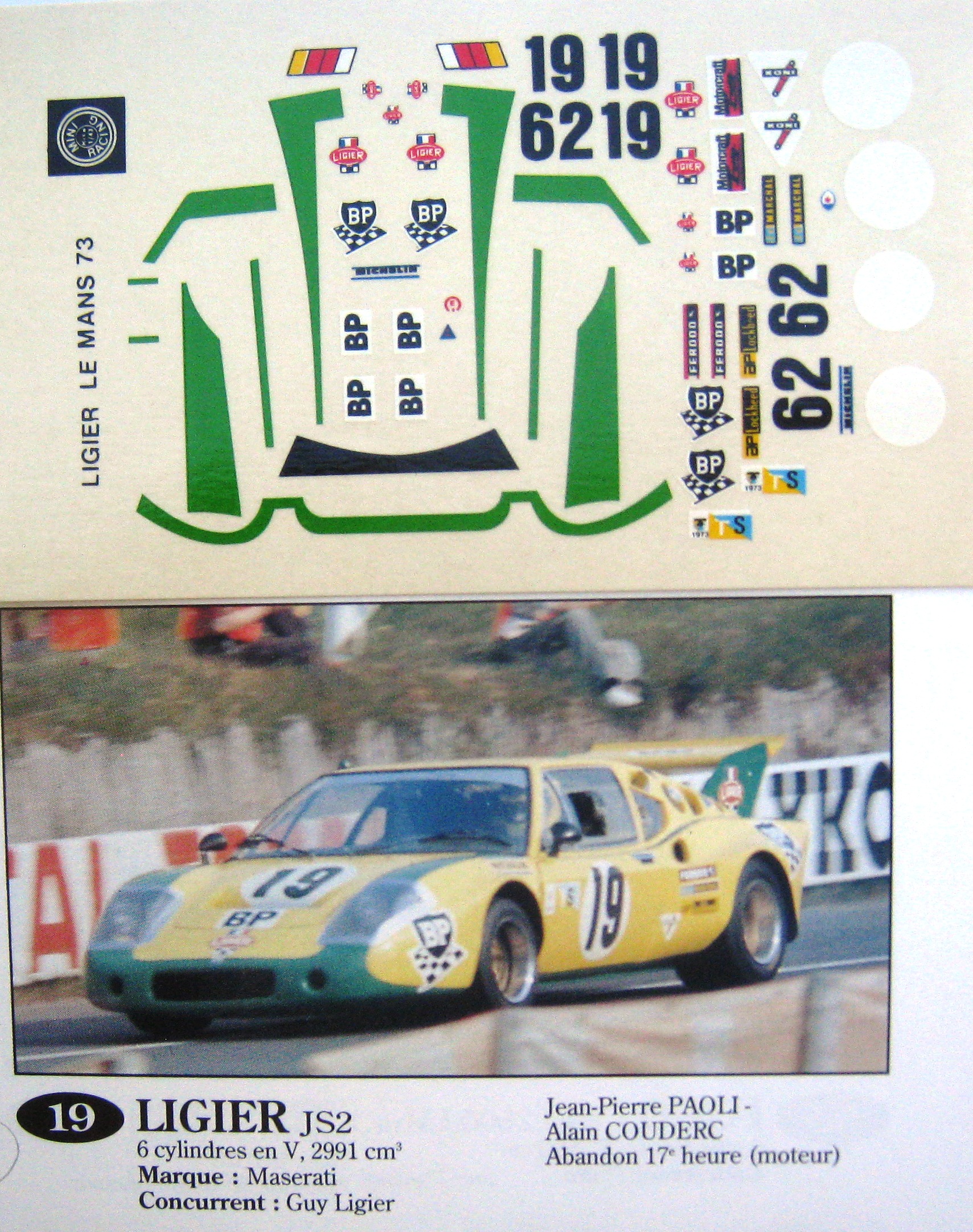 LIGIER JS2 n° 19 / 62 LE MANS 1973 DECAL 1/43e